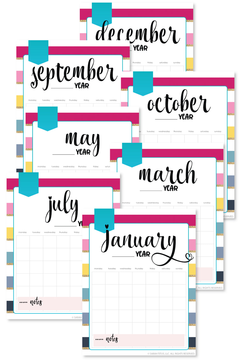 Rainbow Striped Undated Calendar {12 Pages} – Sarah Titus